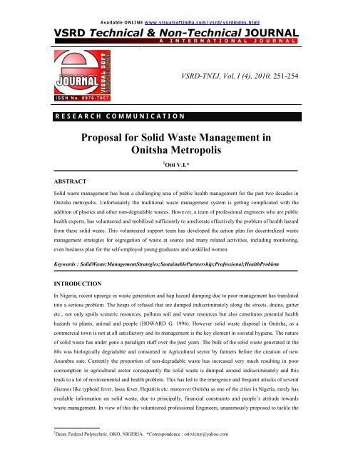 Proposal for Solid Waste Management in Onitsha Metropolis