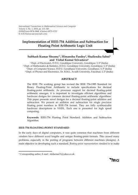 Implementation of IEEE-754 Addition and Subtraction for Floating ...