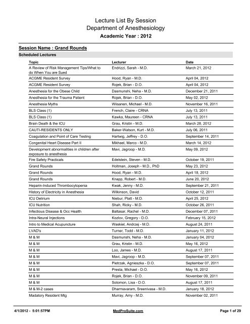 Lecture List By Session Department of Anesthesiology