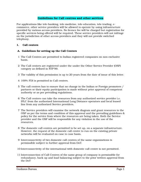 Guidelines for Call Centers and Other Services - Guidance Bureau