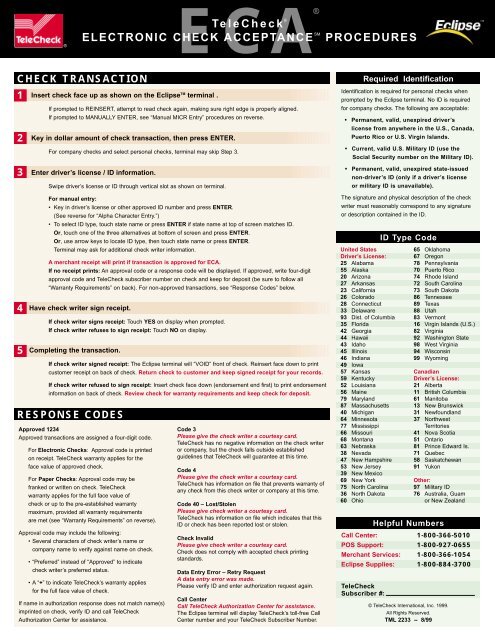 TeleCheck® ELECTRONIC CHECK ACCEPTANCESM ...
