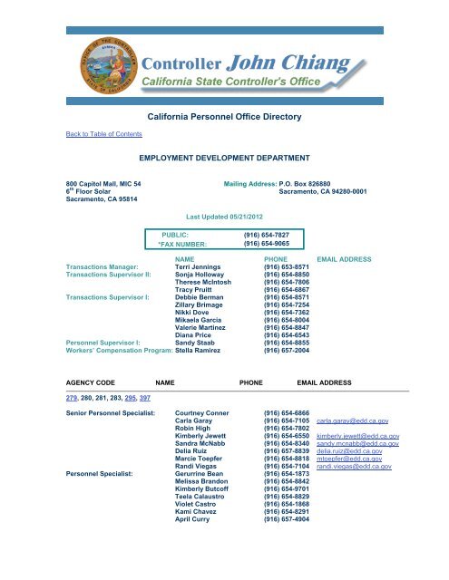 California Personnel Office Directory - California State Controller's ...