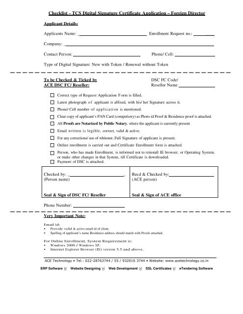 Checklist - TCS Digital Signature Certificate ... - ACE Technology