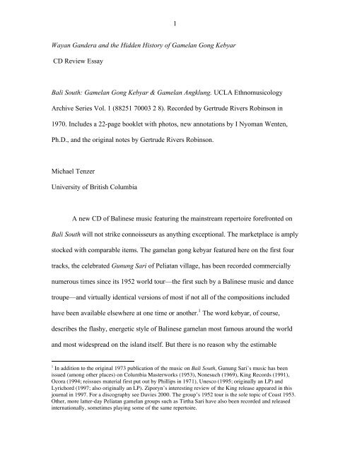 1 Wayan Gandera and the Hidden History of ... - Michael Tenzer