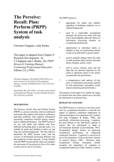 The Perceive: Recall: Plan: Perform (PRPP) System of task analysis