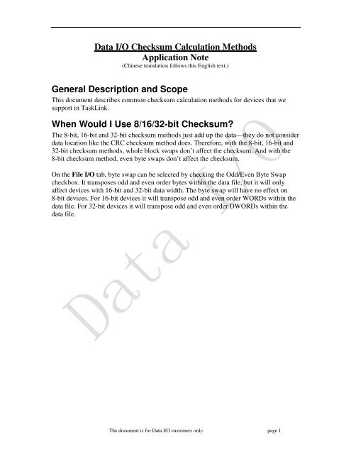 Data I/O Checksum Calculation Methods Application Note General ...