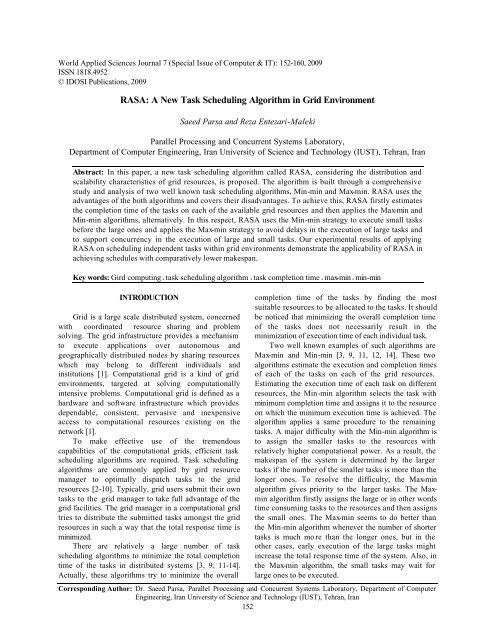 Rasa A New Task Scheduling Algorithm In Grid Environment