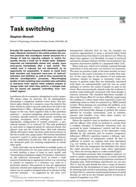 Monsell, S. (2003) Task switching. Trends in Cognitive