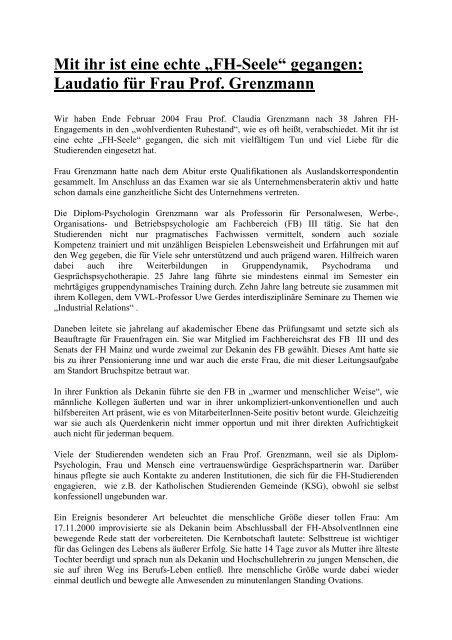 Laudatio für Frau Prof. Grenzmann