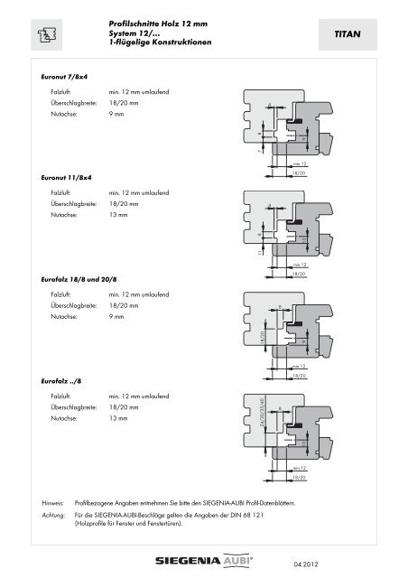Profilschnitte Holz 12 mm System 12/... 1-flügelige ... - siegenia-aubi