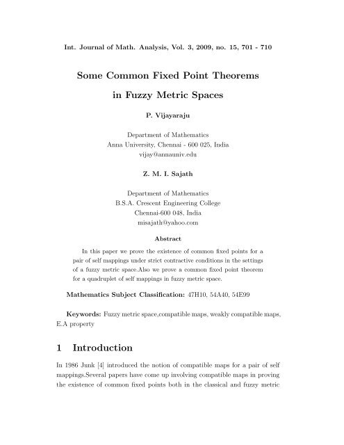 Some Common Fixed Point Theorems In Fuzzy Metric Spaces 1 