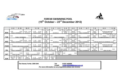FORFAR SWIMMING POOL Timetable