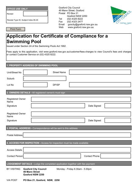 Application for Certificate of Compliance for a Swimming Pool