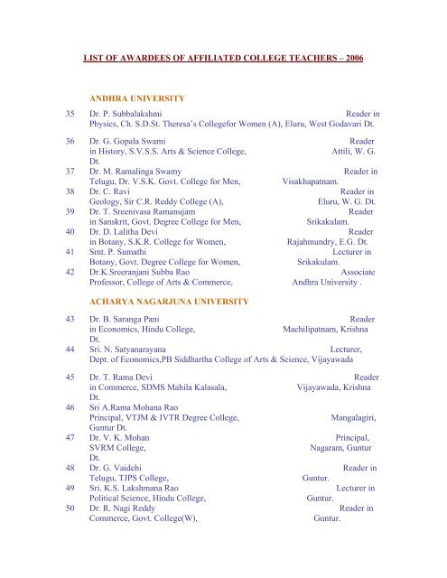 LIST OF AWARDEES OF AFFILIATED COLLEGE ... - Apcce.gov.in