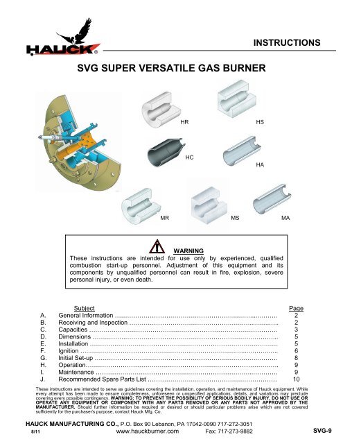 SVG SUPER VERSATILE GAS BURNER - Hauck Manufacturing
