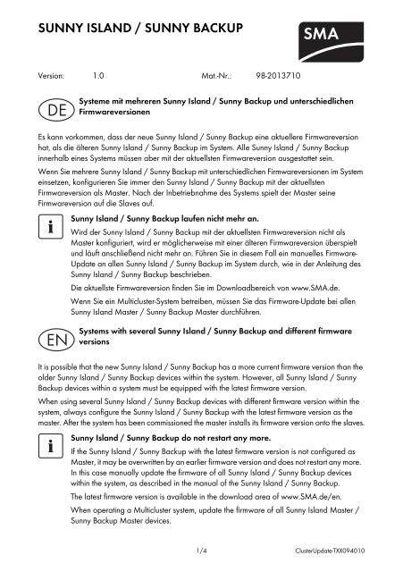 SUNNY ISLAND / SUNNY BACKUP - SMA Solar Technology AG