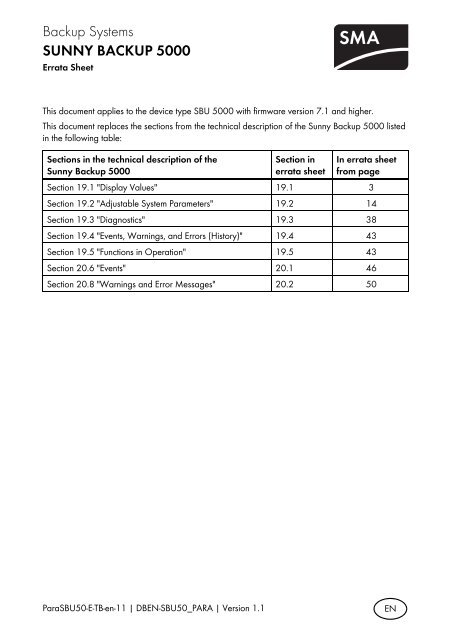 SUNNY BACKUP 5000 - Errata Sheet - SMA Solar Technology AG