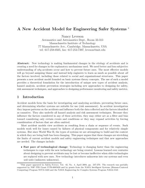 A New Accident Model for Engineering Safer Systems