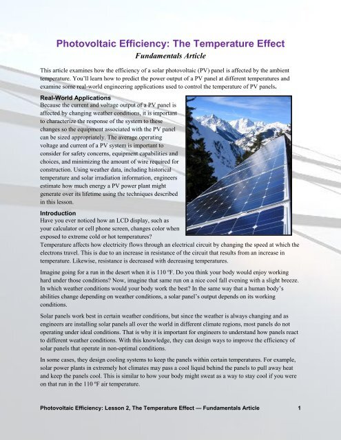 Photovoltaic Efficiency: The Temperature Effect - Teach Engineering