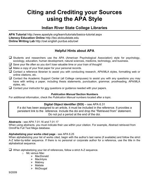 Citing and Crediting your Sources using the APA Style - Indian River ...