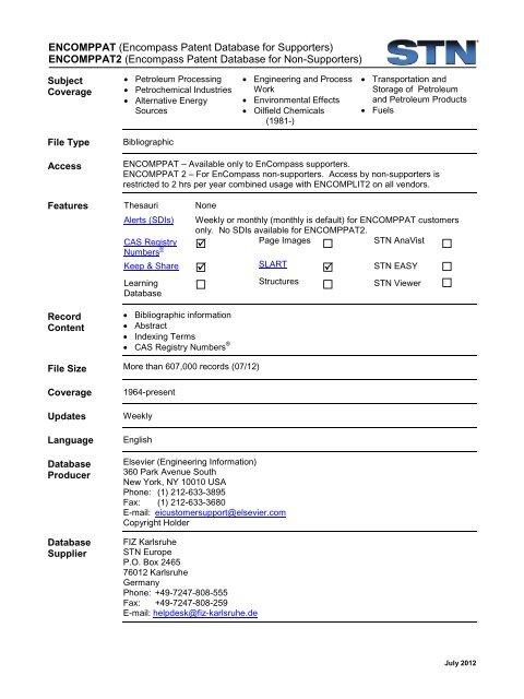 CHEMCATS Database Summary Sheet (DBSS) - FIZ Karlsruhe