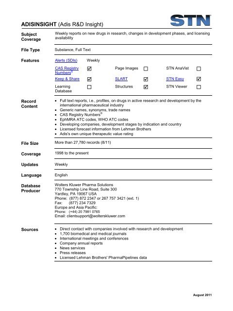 ADISINSIGHT Database Summary Sheet (DBSS) - STN International