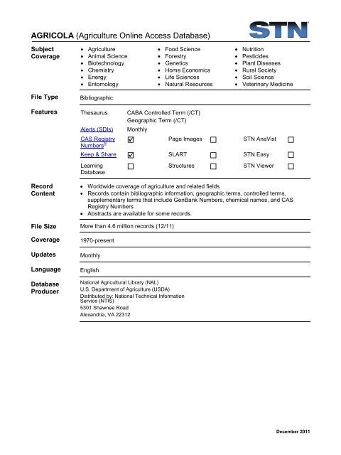 AGRICOLA Database Summary Sheet (DBSS) - STN International