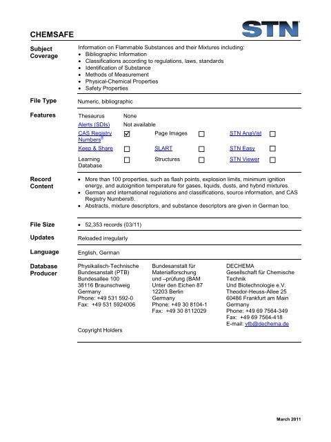 CHEMSAFE Database Summary Sheet (DBSS) - Capadoc