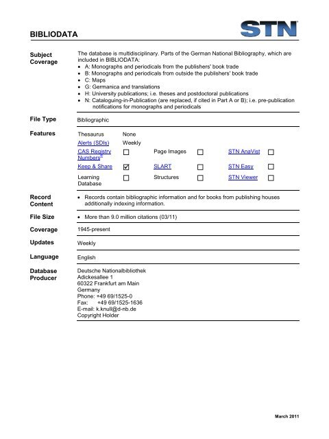 BIBLIODATA Database Summary Sheet (DBSS) - STN International