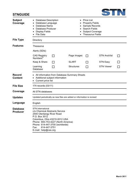 CHEMCATS Database Summary Sheet (DBSS) - STN International