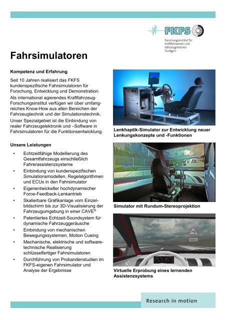 Entwicklung und Anwendung von Fahrsimulatoren - FKFS