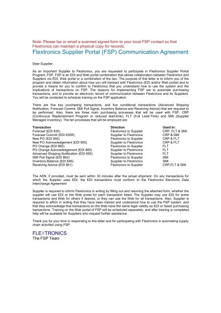 Flextronics Supplier Portal (FSP) Communication Agreement