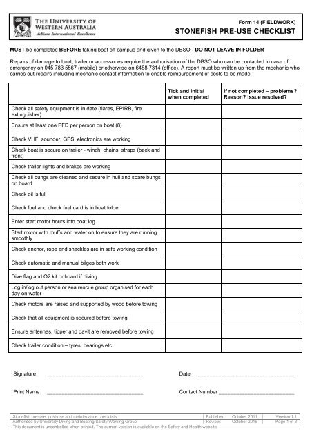 Form 14 Fieldwork-Stonefish checklist [PDF File ... - Safety and Health