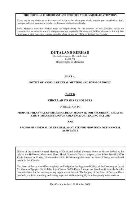 DUTALAND BERHAD - Bursa Malaysia