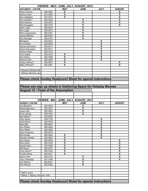 Please check Sunday Headcount Sheet for special instructions ...