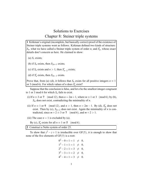 Solutions to Exercises Chapter 8: Steiner triple systems