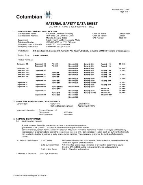 MATERIAL SAFETY DATA SHEET - Columbian Chemicals