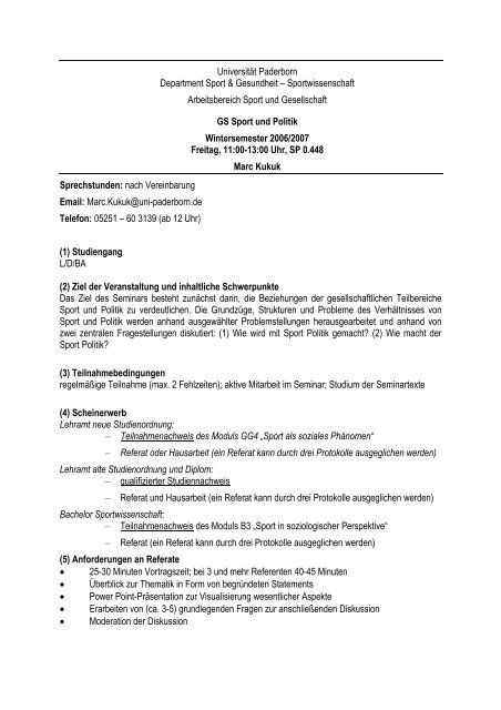 Sprechstunden: nach Vereinbarung Email: Marc.Kukuk@uni ...