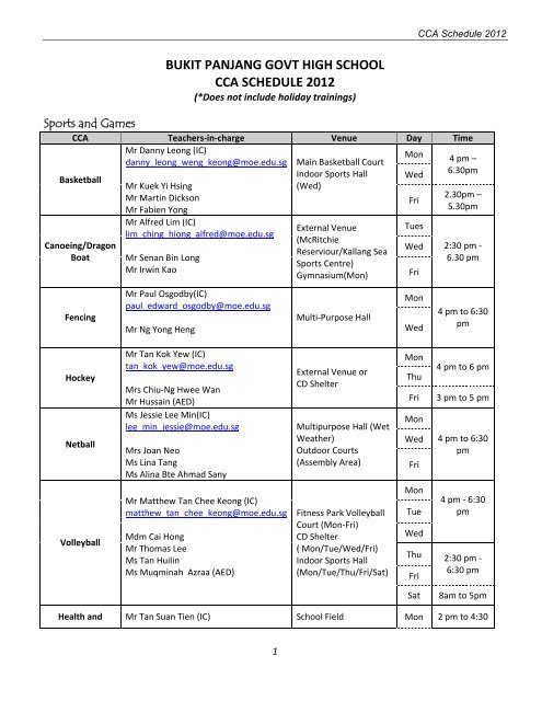 CCA Schedule - Bukit Panjang Government High School