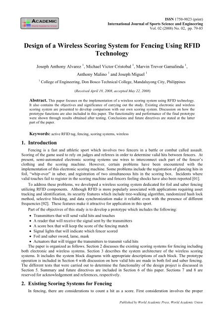 Design of a Wireless Scoring System for Fencing Using RFID ...