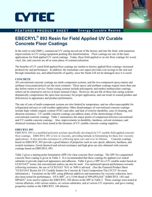 EBECRYL 893 Resin for Field Applied UV Curable - CYTEC Industries