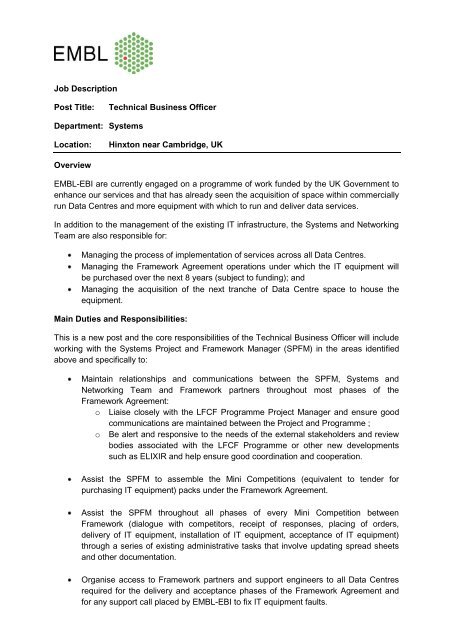 Job Description Post Title: Technical Business Officer Department ...