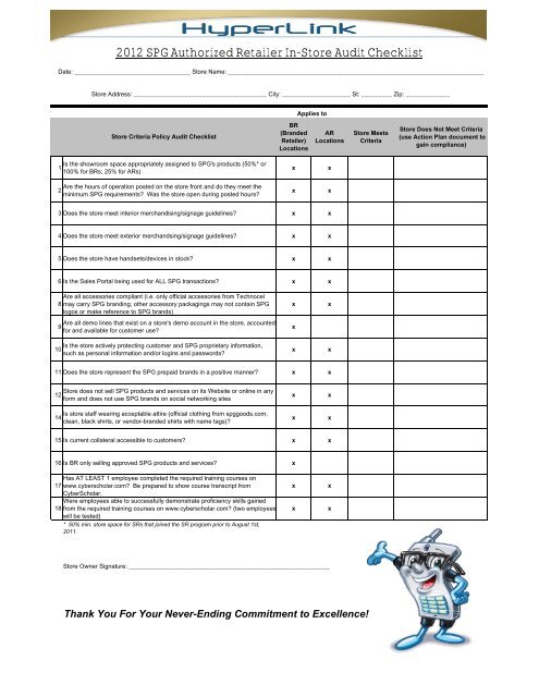 2012 SPG Authorized Retailer In-Store Audit Checklist - Hyperlink