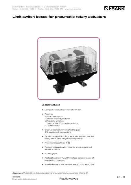 Limit switch boxes for pneumatic rotary actuators - Frank GmbH