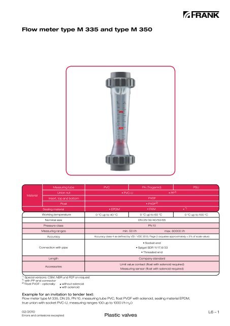 Flow meter type M 335 and type M 350 - Frank GmbH