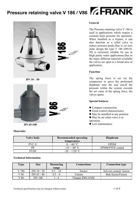Pressure retaining valve type V186/86 - Frank GmbH