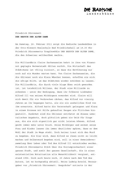 Friedrich Dürrenmatt DER BESUCH DER ALTEN DAME Am ...
