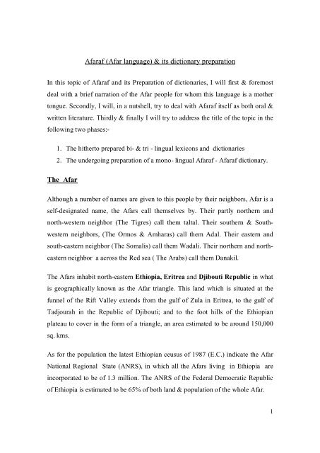 Afaraf (Afar language) & its dictionary preparation ... - Afarfriends.org