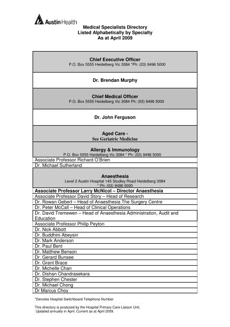 Medical specialist directory - Austin Health