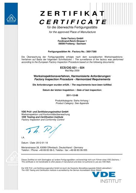 VDE certificate Factory Inspection SF1,2,3 inkl Vario - Solaria Energy